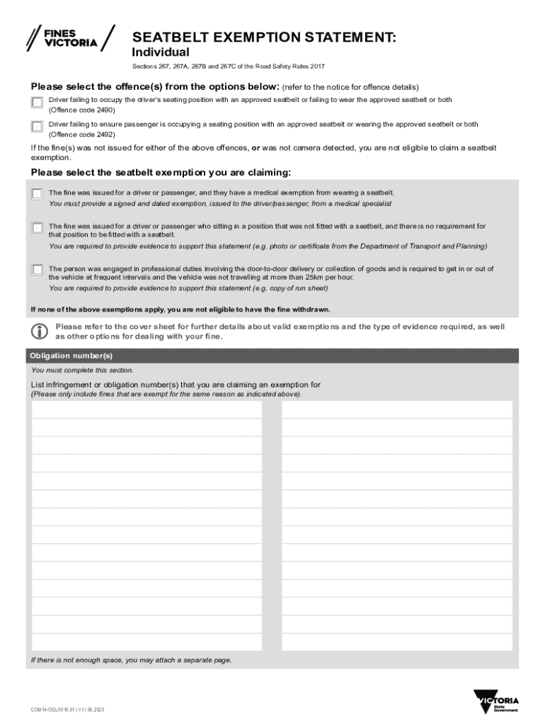 Fillable Online SEATBELT EXEMPTION STATEMENT: - Individual Cover Sheet ...