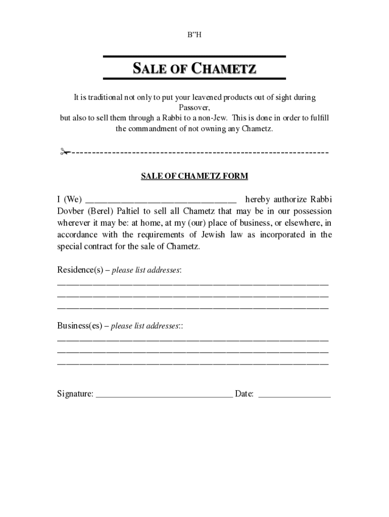 Fillable Online Does The Passover Tradition Of Selling Chametz Trigger ...