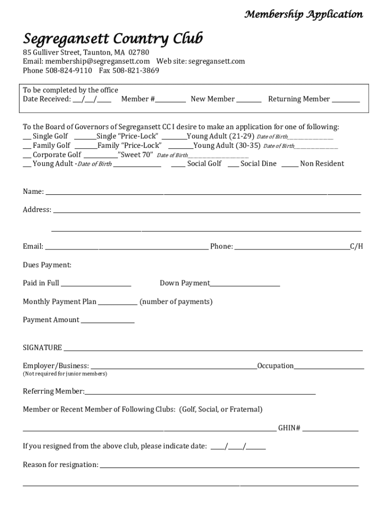 Fillable Online Segregansett Country Club - Taunton, MA Fax Email Print ...
