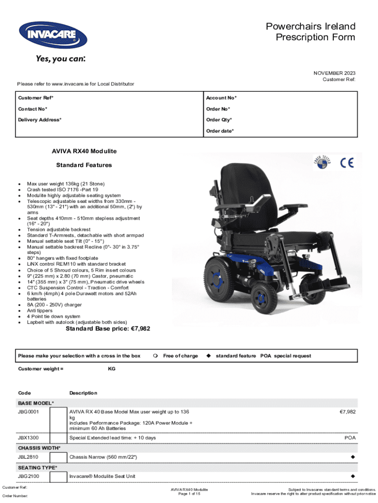 Fillable Online Powerchairs Invacare Ireland Prescription Form Fax ...