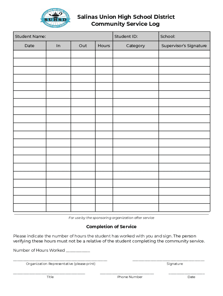 Fillable Online Salinas Union High School District Community Service Log Fax Email Print - pdfFiller