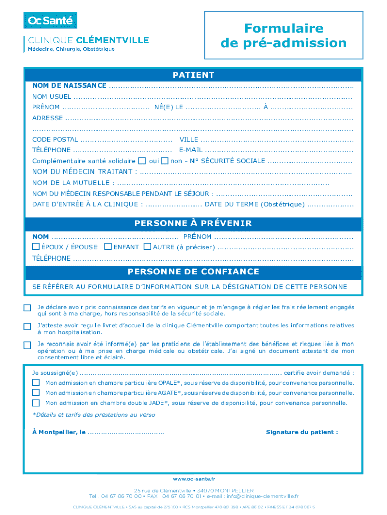 Remplissable En Ligne DOSSIER DE PRE-ADMISSION Hospitalisation de Jour ...