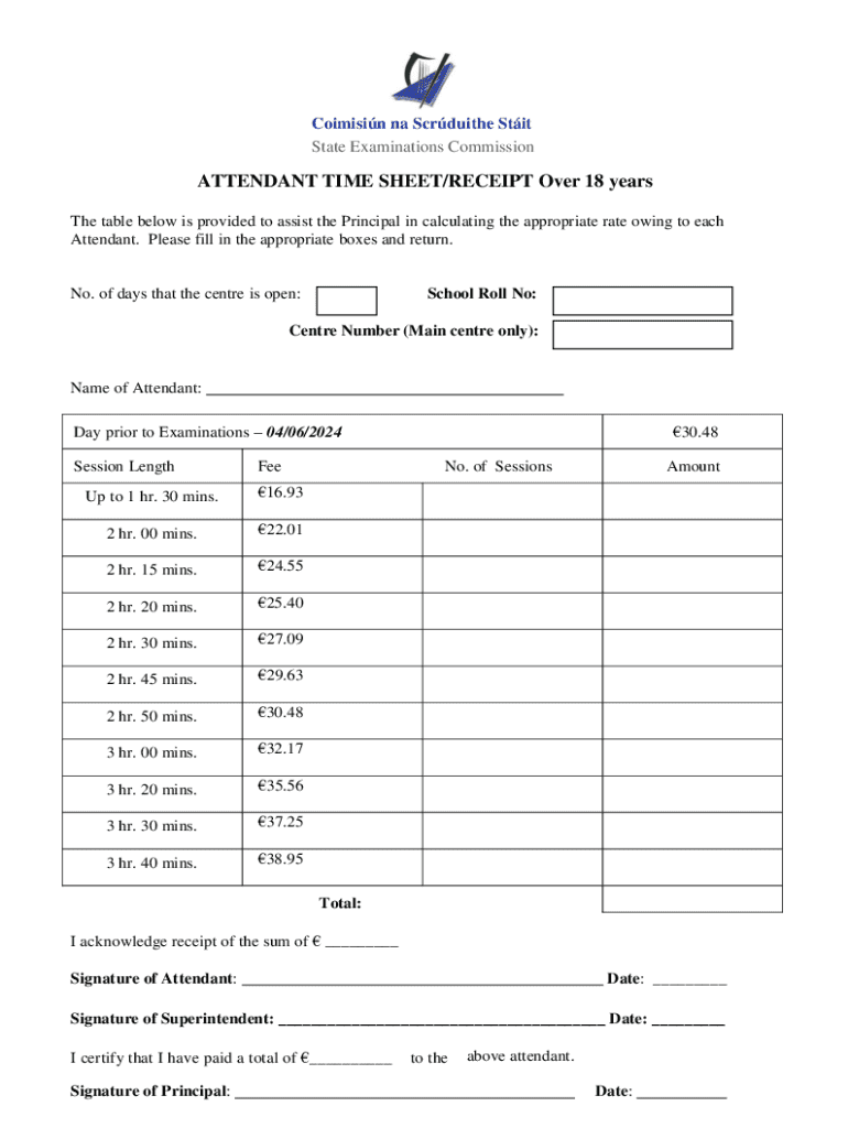 Fillable Online Fillable Online ATTENDANT TIME SHEET/RECEIPT Over 18 ...
