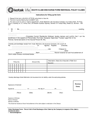 Fillable Online DEATH CLAIM DISCHARGE FORM INDIVIDUAL POLICY CLAIMS Fax Email Print - pdfFiller