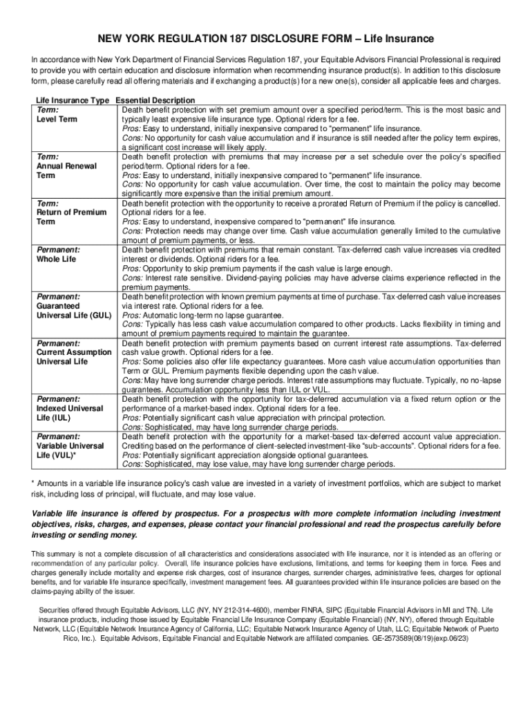 Fillable Online NEW YORK REGULATION 187 DISCLOSURE FORM Life Insurance ...