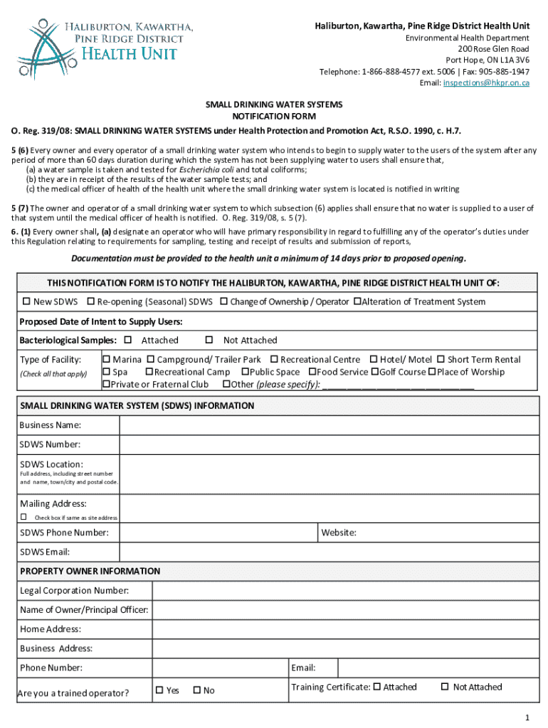 Fillable Online SMALL DRINKING WATER SYSTEMS NOTIFICATION ... Fax Email ...