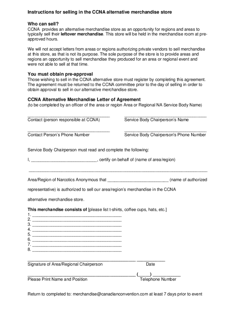 Fillable Online CCNA Alternative Merchandise Letter of Agreement Fax ...