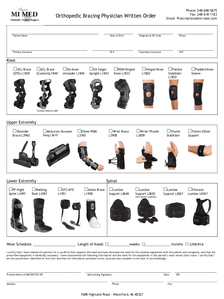 Fillable Online Orthopedic Bracing Physician Written Order Fax Email ...