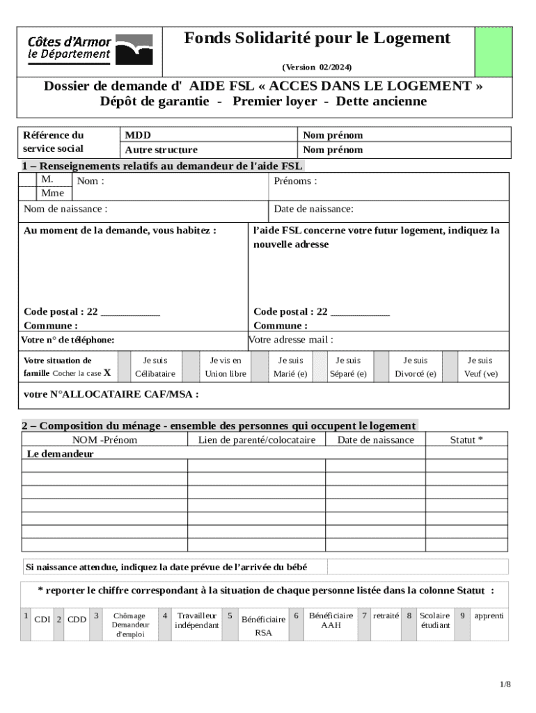 Remplissable En Ligne Dossier de demande d' AIDE FSL ACCES DANS LE LOGEMENT Fax Email Imprimer ...