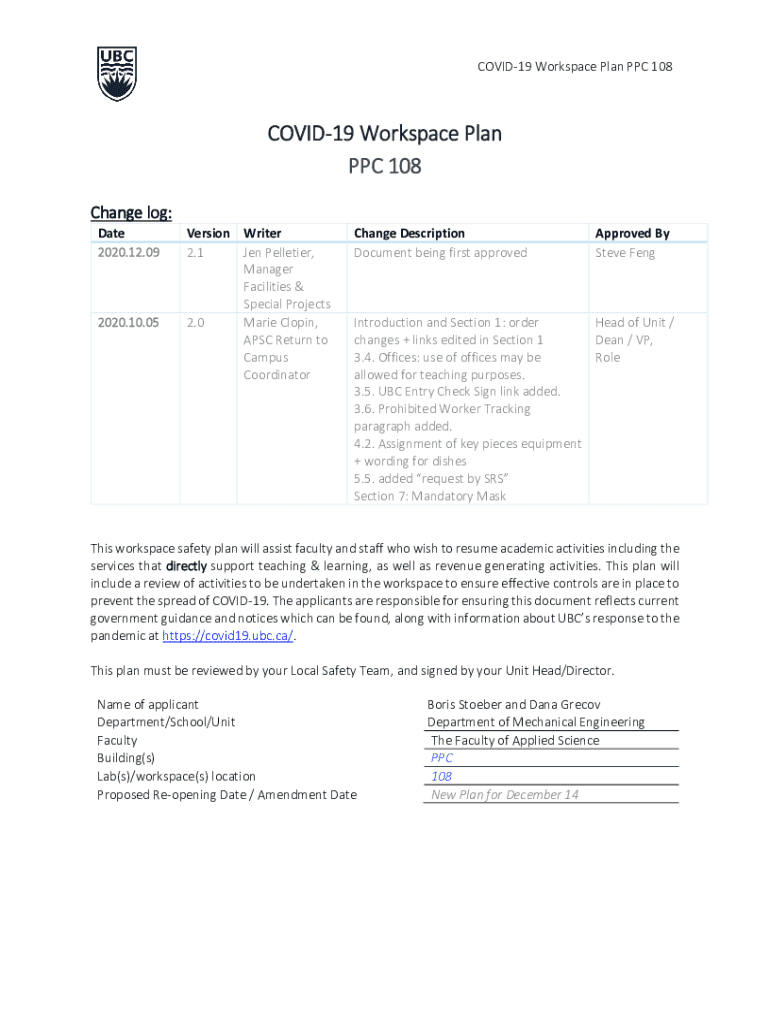 Fillable Online ppc2 sites olt ubc COVID19 Workspace Plan PPC 108 Fax ...