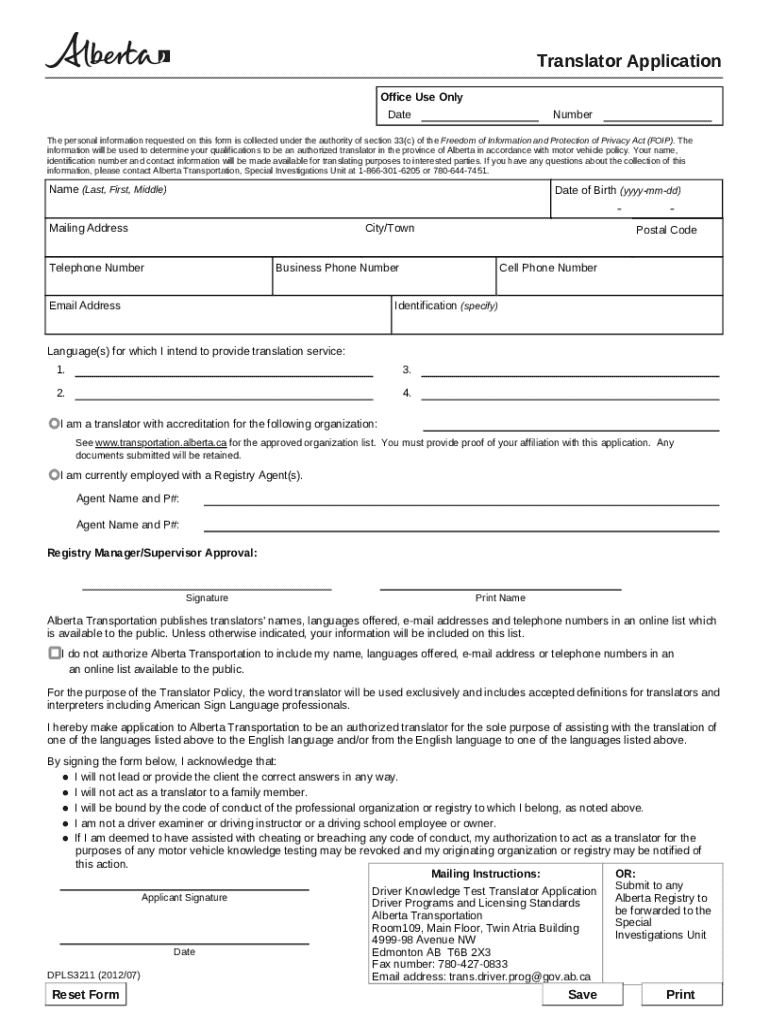 Fillable Online Translator Application. An application form completed ...