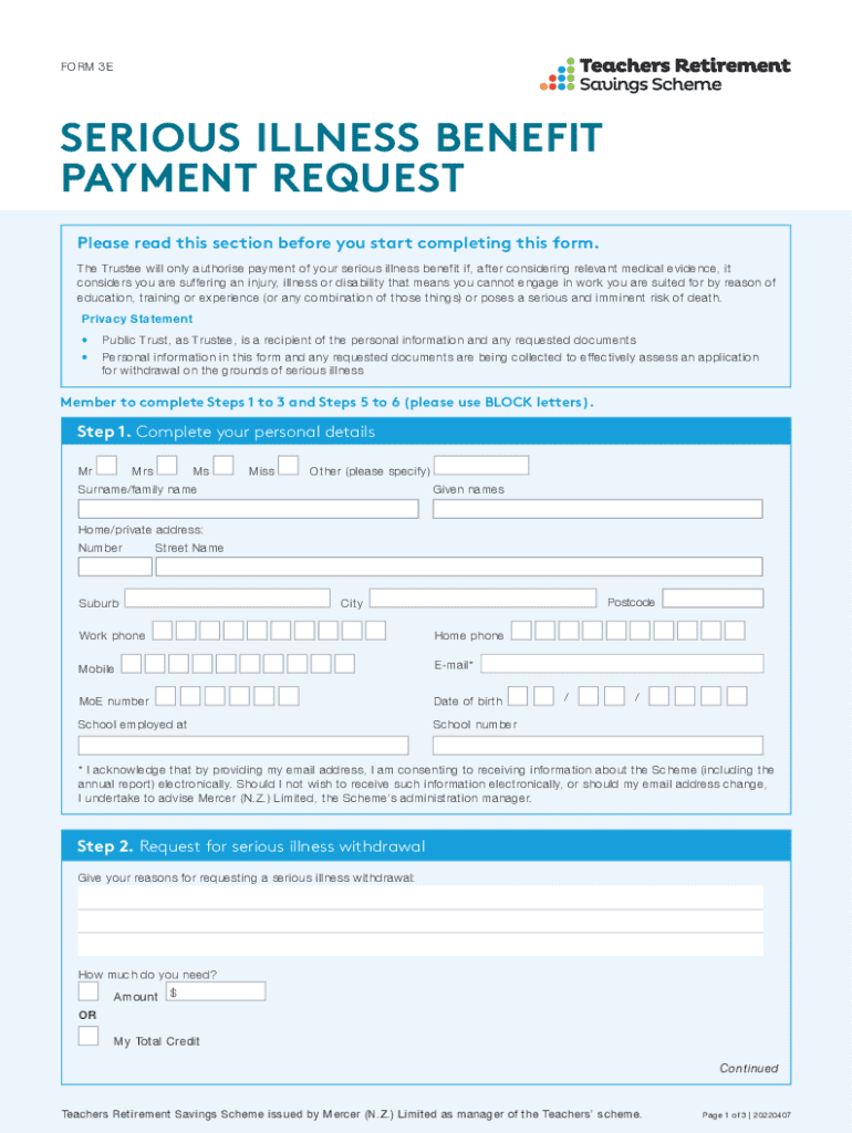 Fillable Online Serious Illness Benefit Payment Request Fax Email Print ...