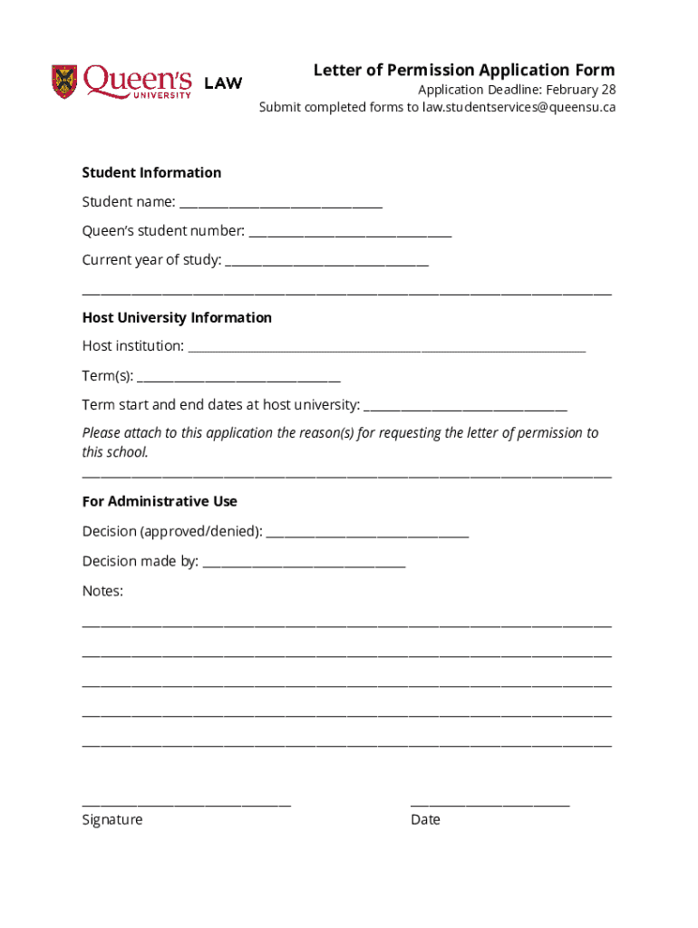 Fillable Online Letter of Permission Application Form - Queen's Law Fax ...
