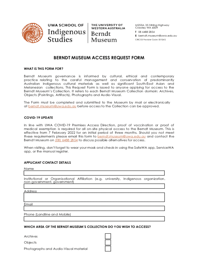 Fillable Online Berndt Museum Access Request Form Fax Email Print ...