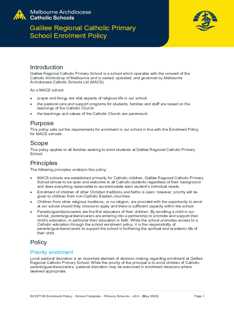 Fillable Online Galilee Regional Catholic Primary School Enrolment ...