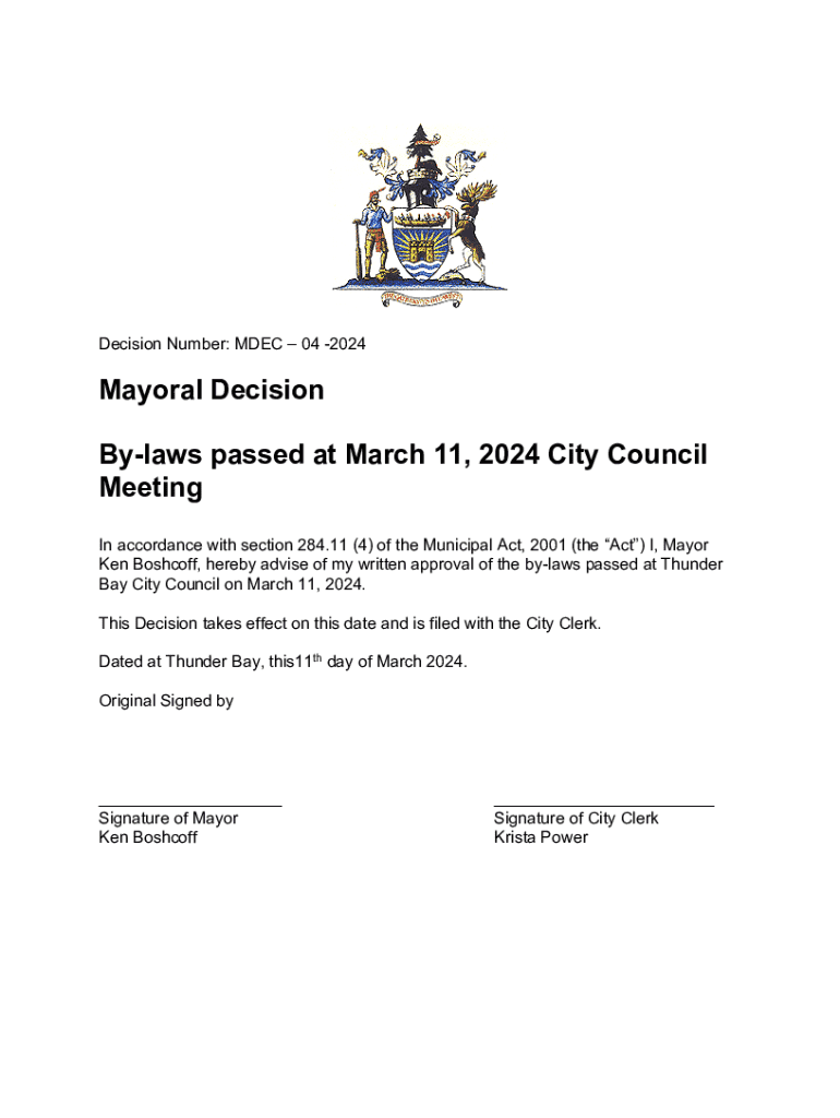 Fillable Online Mayoral Decision By-laws passed at April 15, 2024 ...
