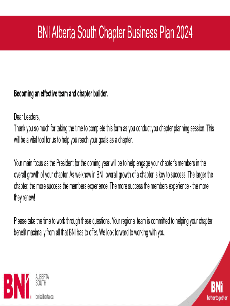 Fillable Online BNI Alberta South Chapter Business Plan 2024 ...