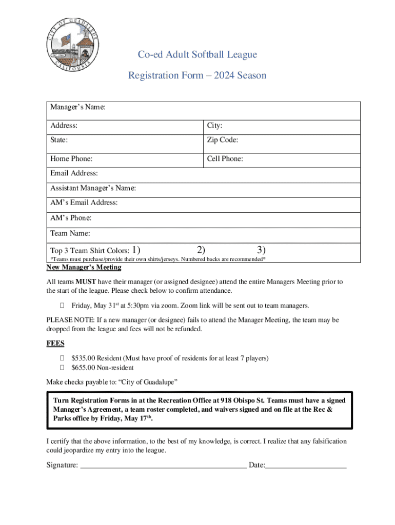 Fillable Online Co-ed Adult Softball League Registration Form Fax Email ...