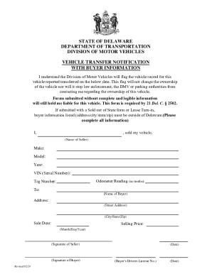 Fillable Online dmv de Delaware Vehicle Transfer Notification Form ...