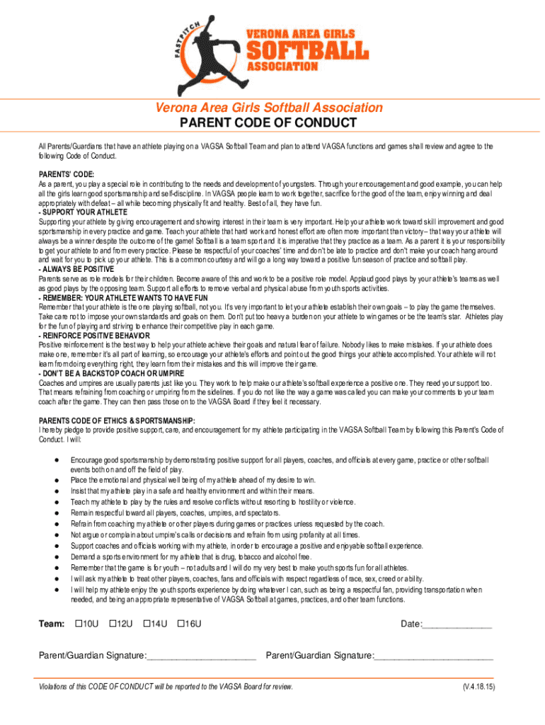 Fillable Online Verona Area Girls Softball Association - PARENT CODE OF ...