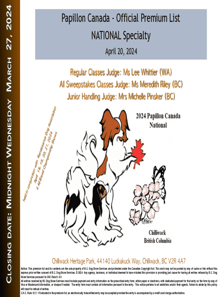 Fillable Online Papillon Canada - Official Premium List NATIONAL Specialty Fax Email Print ...