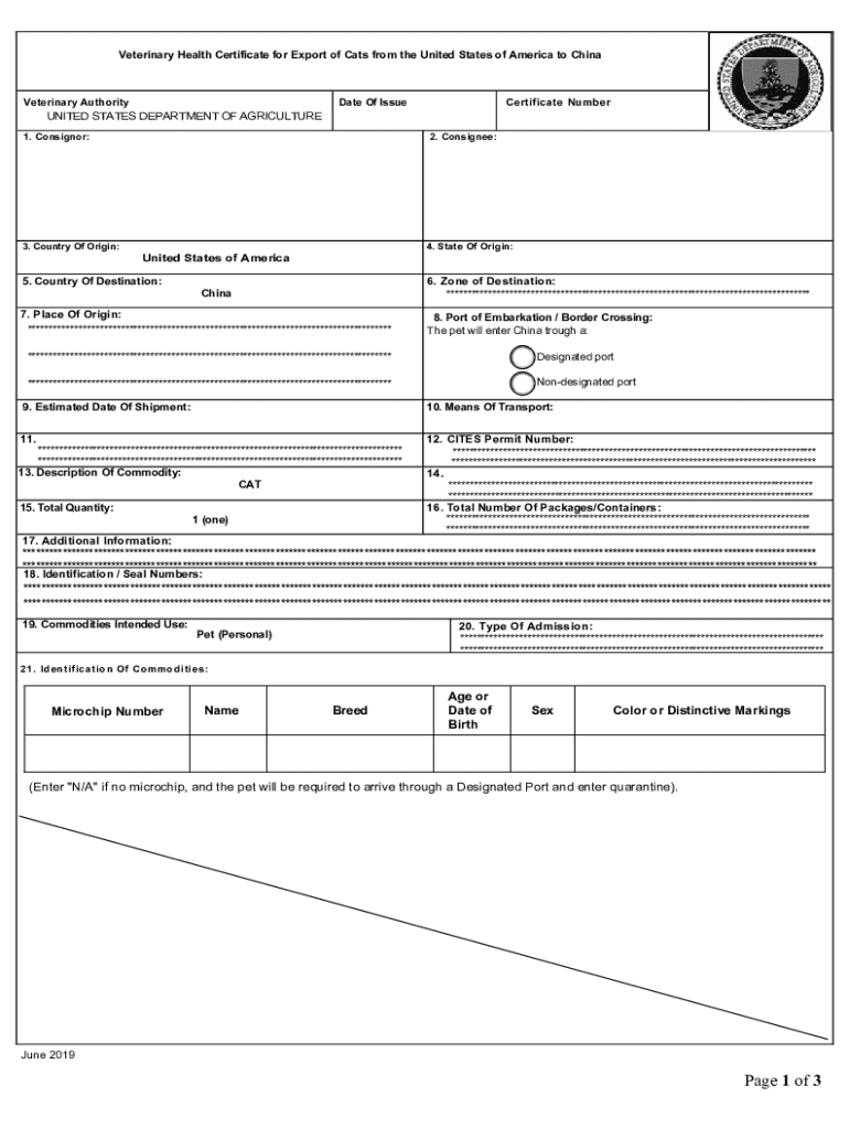 Fillable Online Veterinary Health Certificate for Export of Cats from ...