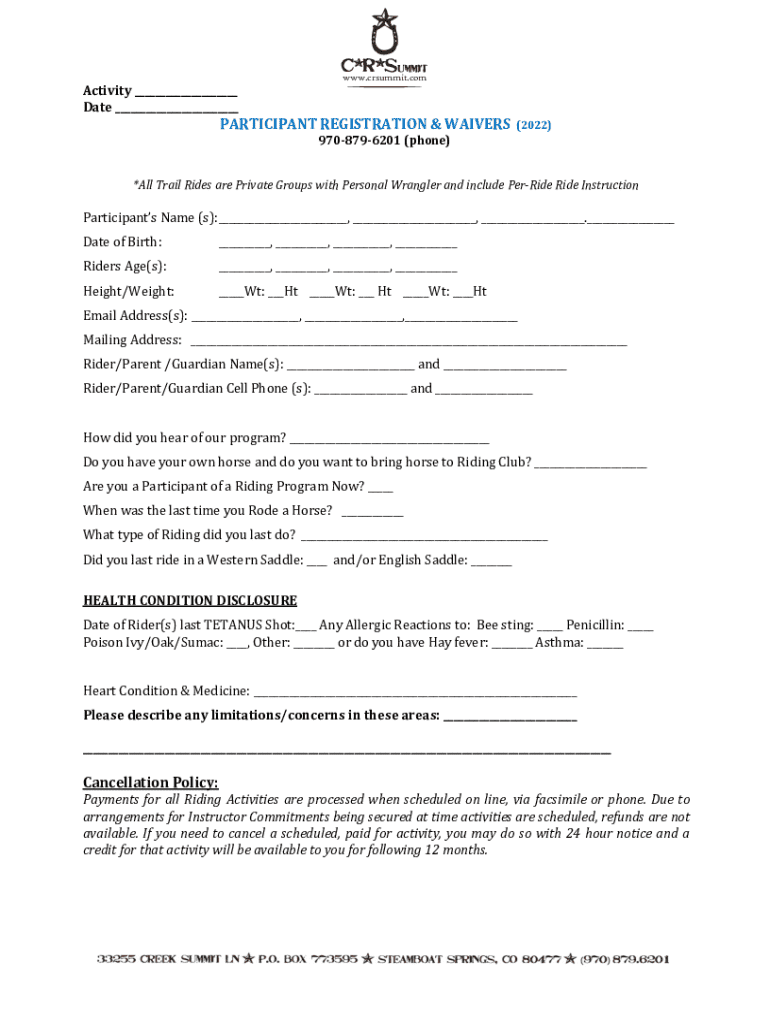 Fillable Online participant registration & waivers (2022) - CR Summit ...