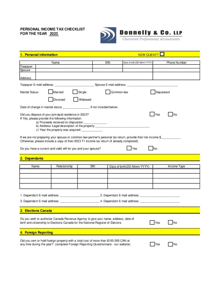 Fillable Online T1 PERSONAL INCOME TAX RETURN CHECKLIST Name Fax Email ...