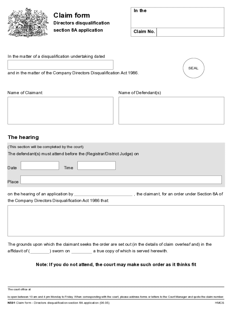 Fillable Online N501 Claim form - Directors disqualification section 8A ...