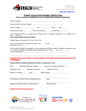 Fillable Online PARENT EDUCATION/TRAINING VERIFICATION (Form ... Fax Email Print - pdfFiller