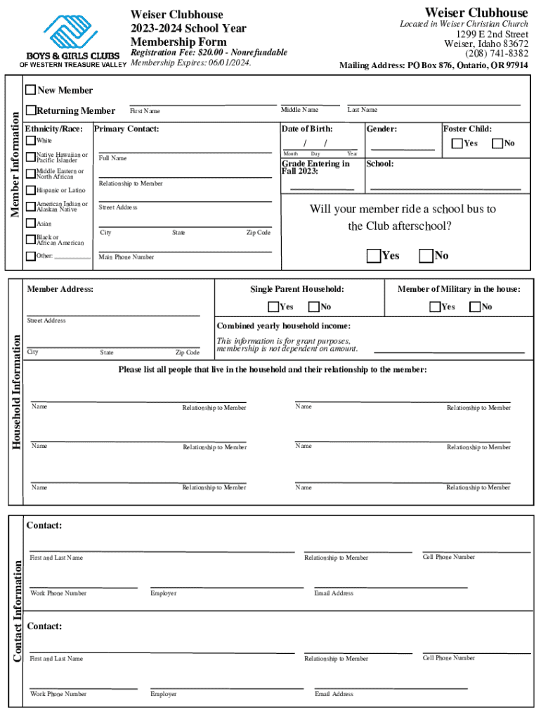 Fillable Online Weiser Clubhouse 2023-2024 School Year Membership Form ...