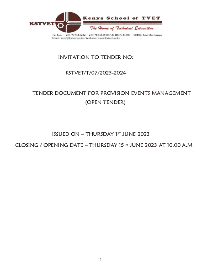 Fillable Online KENYA SCHOOL OF TVET TENDER FOR THE FY 2023/ ... Fax ...