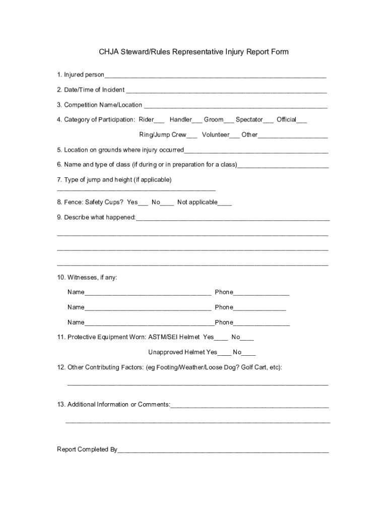 Fillable Online CHJA Steward/Rules Representative Injury Report Form ...
