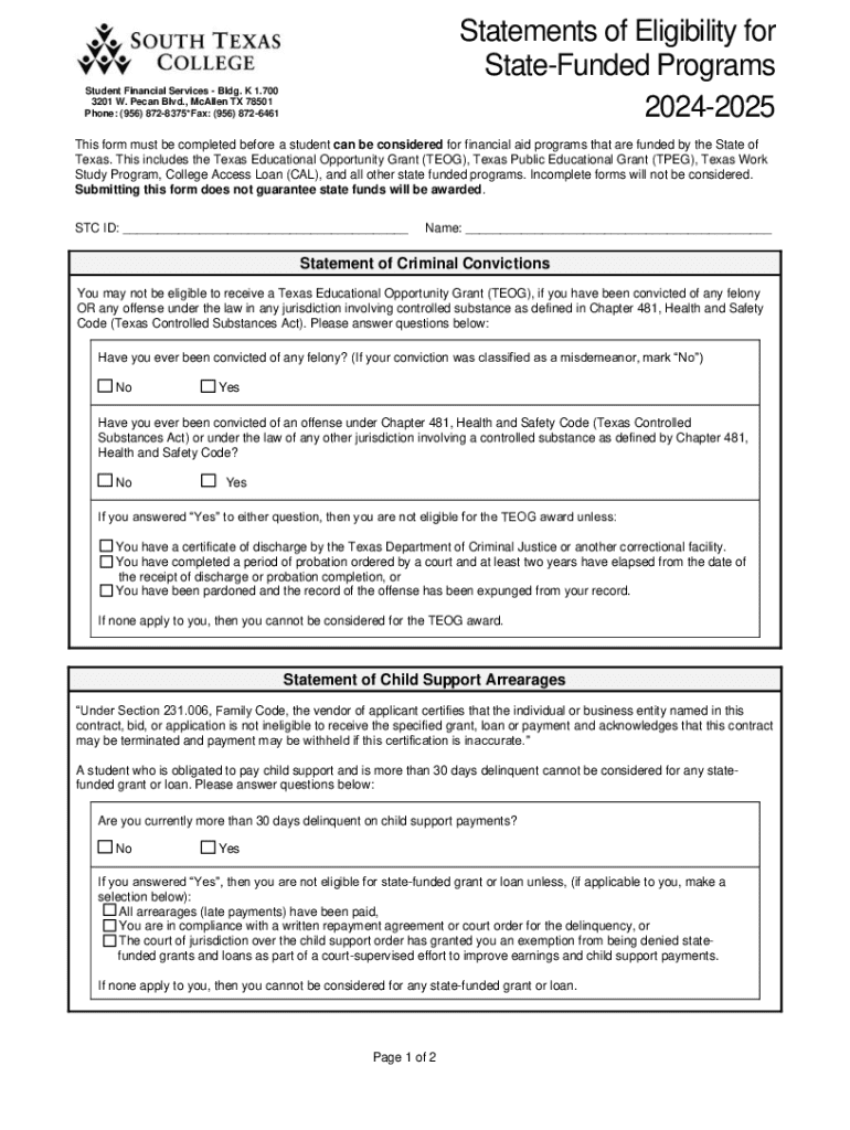 Fillable Online studentservices southtexascollege 2024-2025 Statements ...
