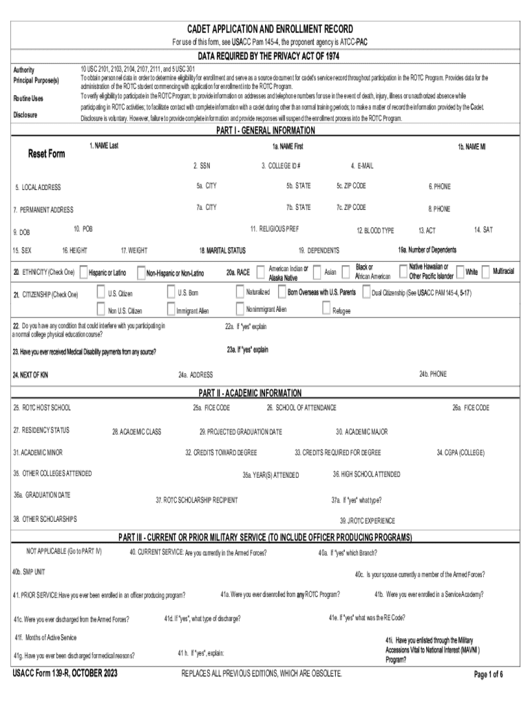 Fillable Online USACC-Form-139-R-Cadet-Application-and-Enrollment ...