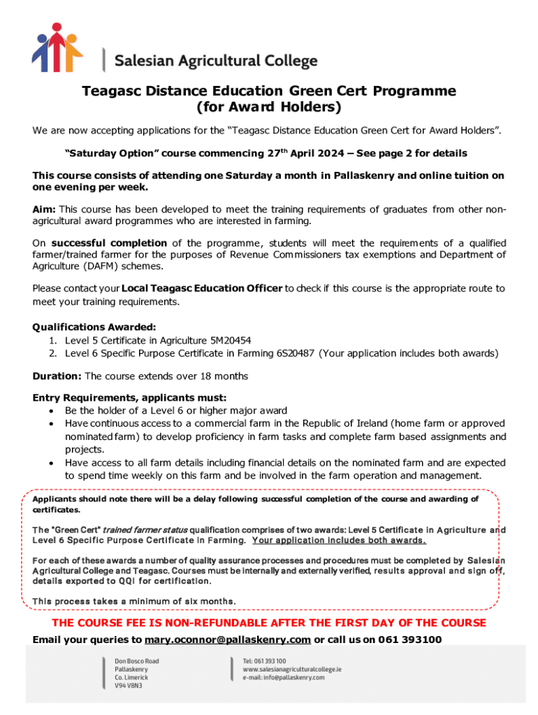 Fillable Online Teagasc Distance Education Green Cert Programme Fax ...