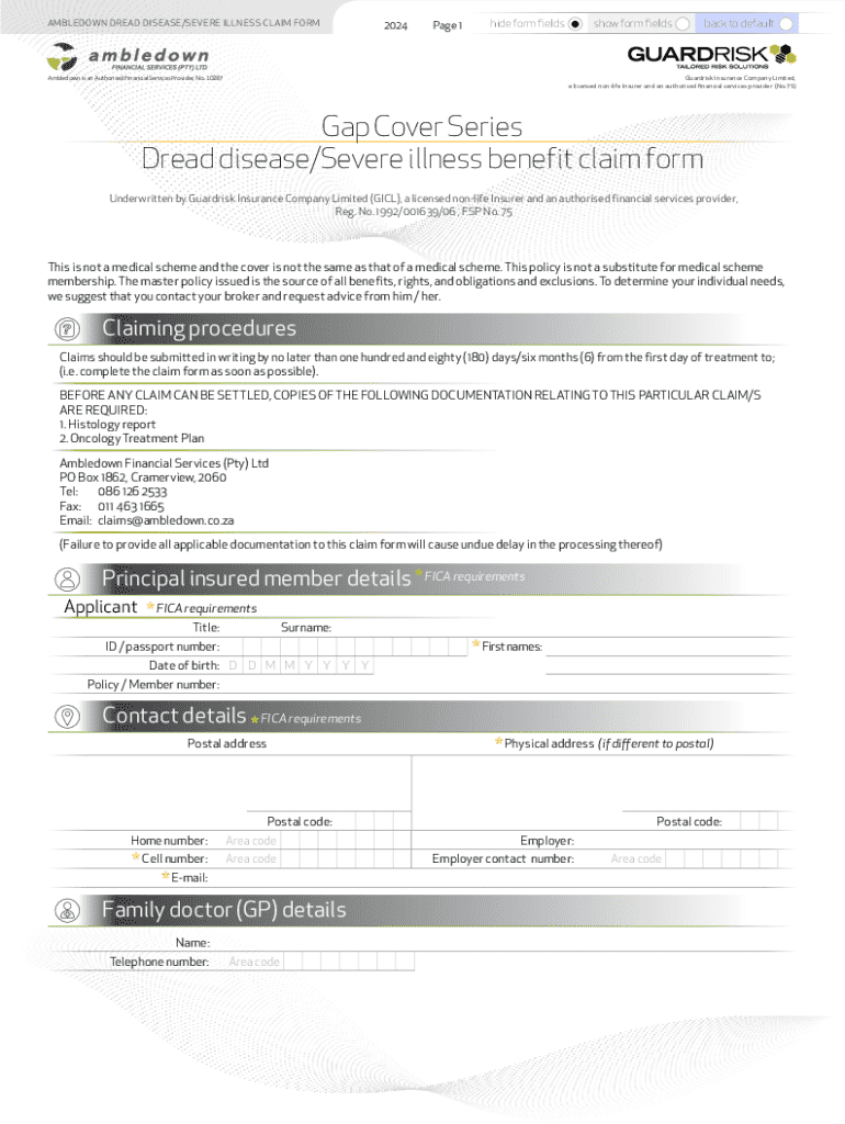 Fillable Online Gap Cover Series Dread disease/Severe illness claim ...
