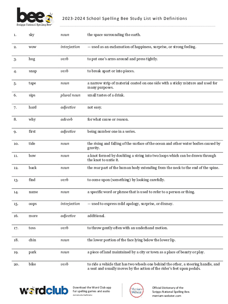 Fillable Online 2023-2024 School Spelling Bee Study List with ...