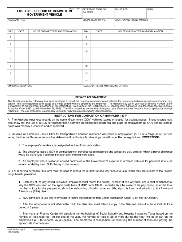 Fillable Online MRP Form 139R Employee Record of Commute in Government Vehicle Fax Email Print ...