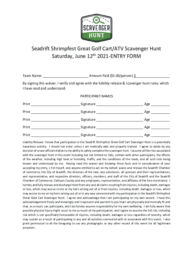 Fillable Online Seadrift Shrimpfest Great Golf Cart/ATV Scavenger Hunt ...