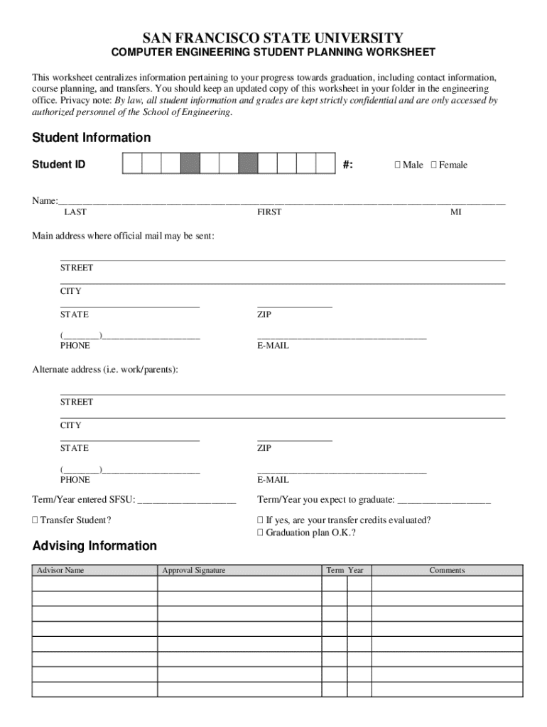 Fillable Online engineering sfsu CompE Planning Worksheet Fax Email ...