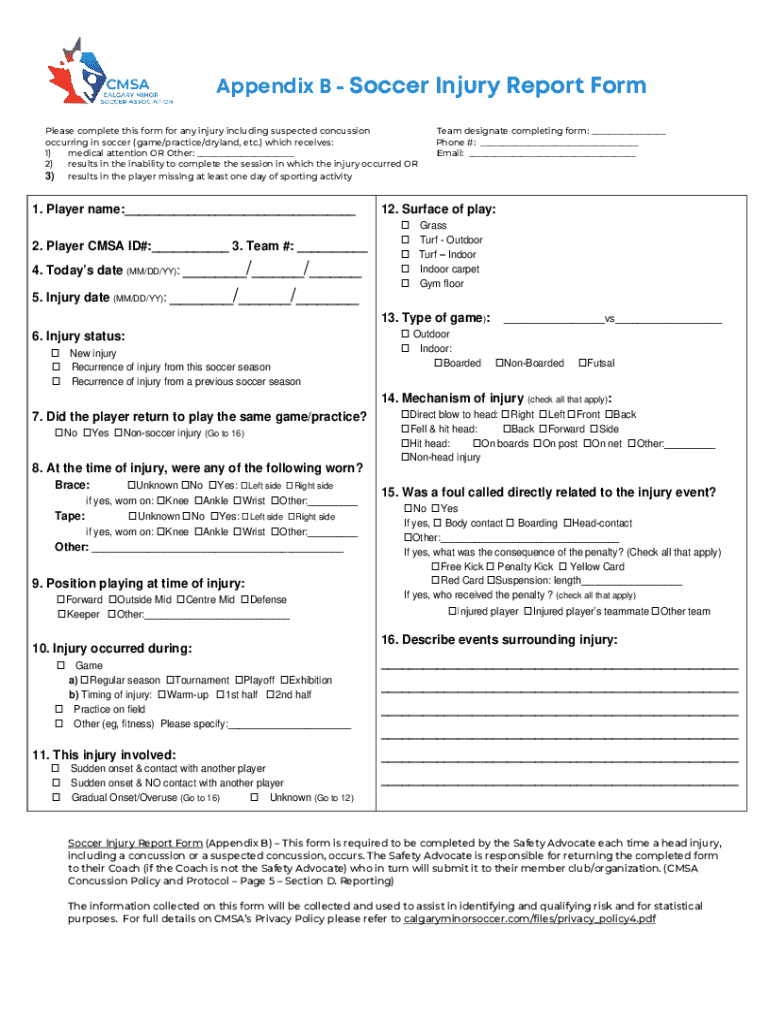 Fillable Online Appendix B - Soccer Injury Report Form Fax Email Print - pdfFiller
