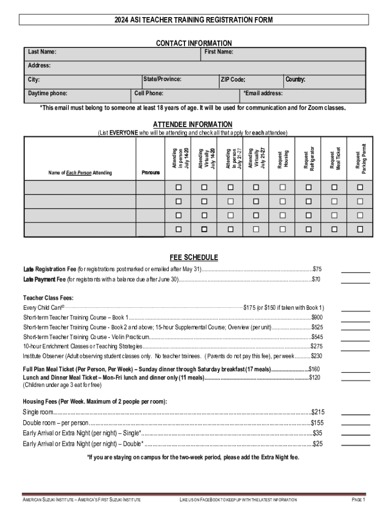 Fillable Online 2024 ASI TEACHER TRAINING REGISTRATION FORM Fax Email ...