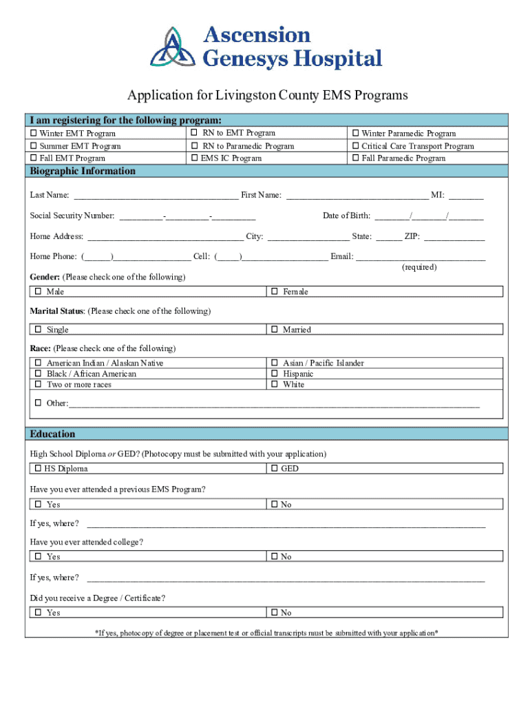 Fillable Online Ascension Genesys Hospital Application for EMS Programs ...