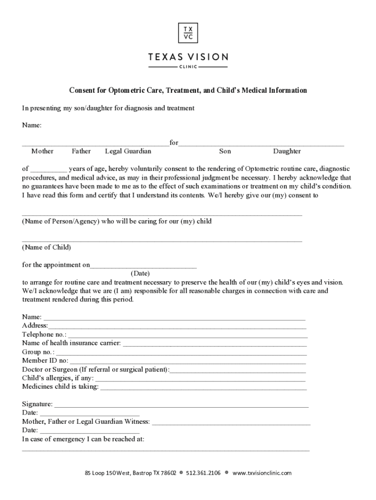 Fillable Online Consent for Optometric Care, Treatment, and Child's ...
