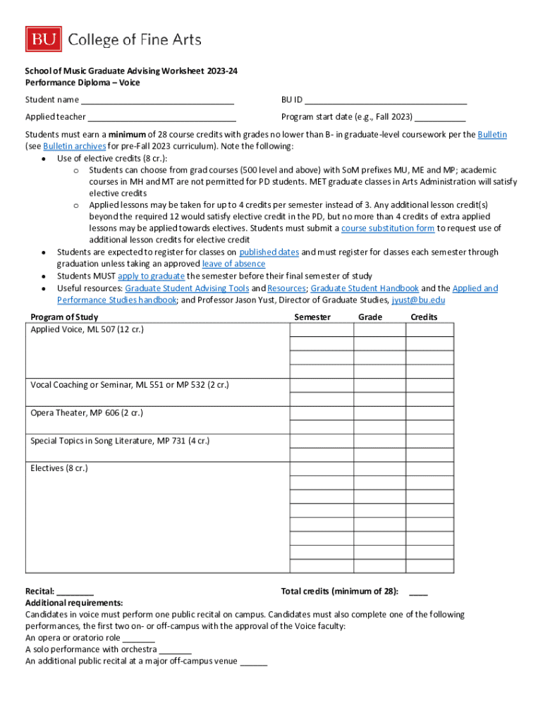 Fillable Online Graduate Advising Worksheet 2023-24 Performance Diploma ...