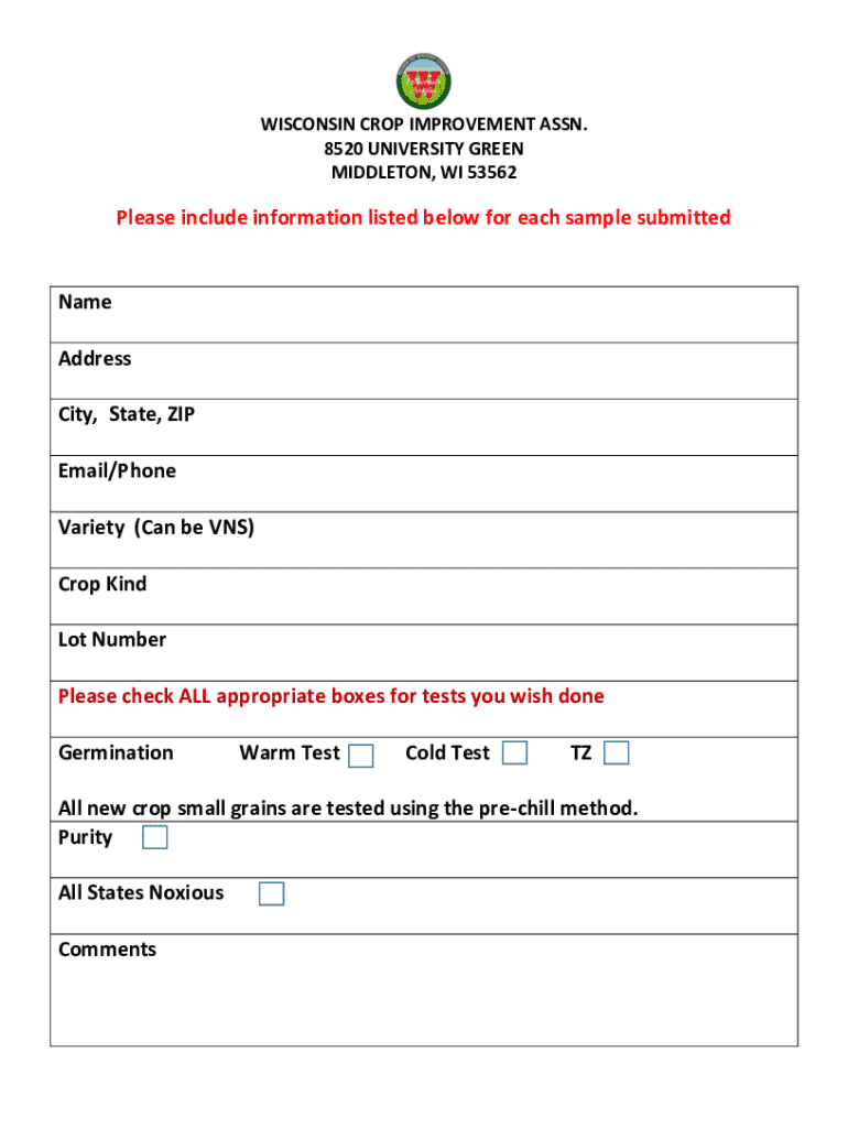 Fillable Online wcia wisc Please include information listed below for each sample ... Fax Email ...