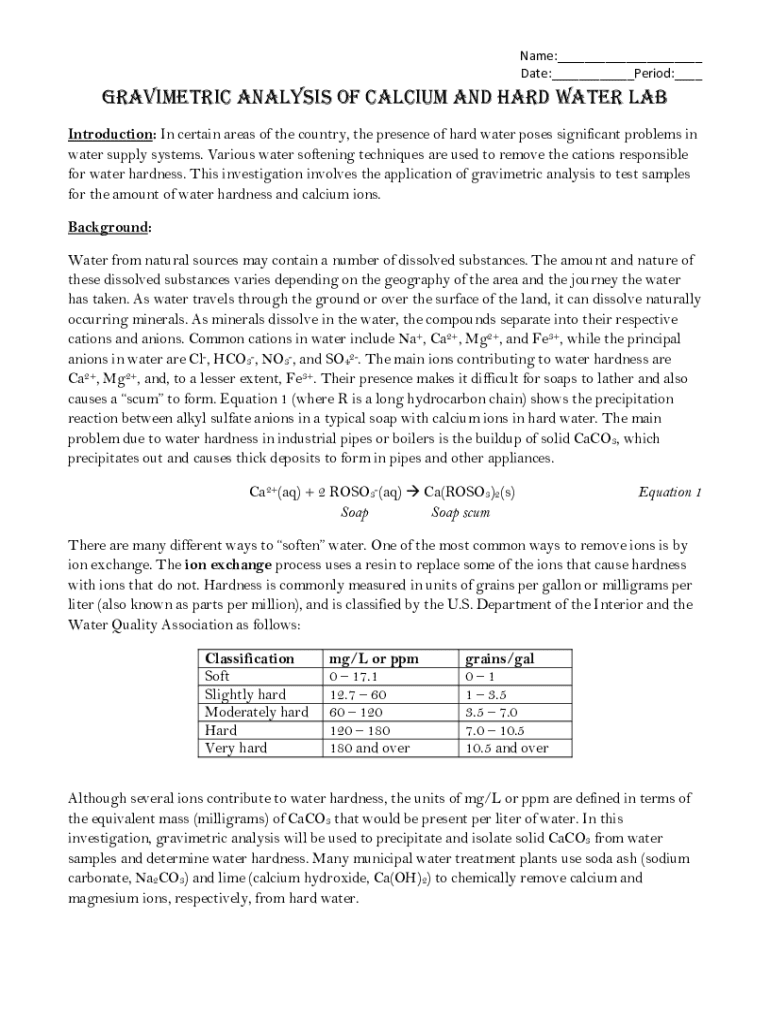 Fillable Online Gravimetric analysis of calcium and hard water lab ...