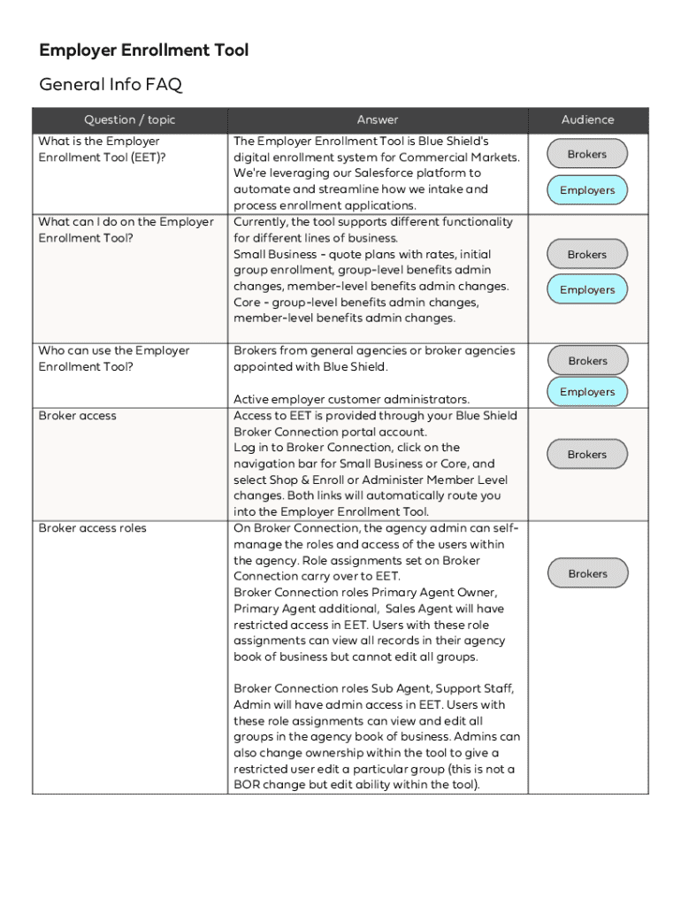 Fillable Online Employer Enrollment Tool General Info FAQ Fax Email ...