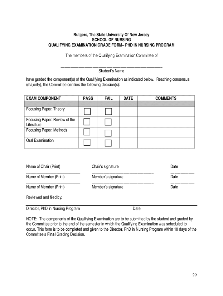 Fillable Online nursing rutgers Qualifying Examination Grade Form Fax ...